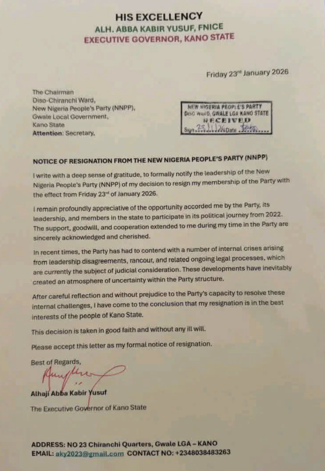 BREAKING: Governor Yusuf's Resignation Letter Emerges, Gives Reasons ...